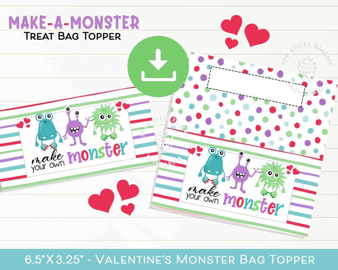 Make Your Own MONSTER Bag Topper, Valentine Cards for Kids, Printable Valentine Treat Topper ...