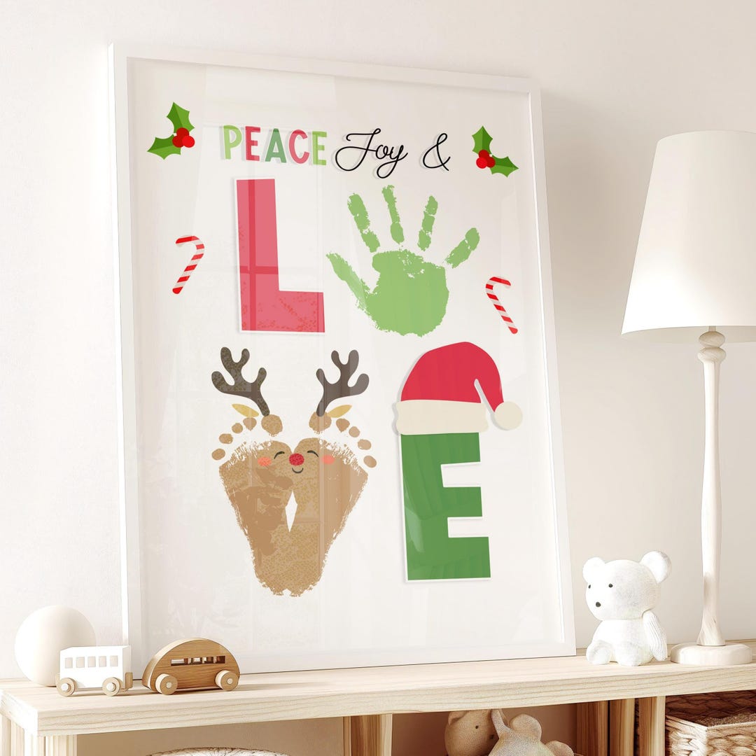 Christmas Handprint Art, Peace Joy & LOVE Footprint Craft, Reindeer ...