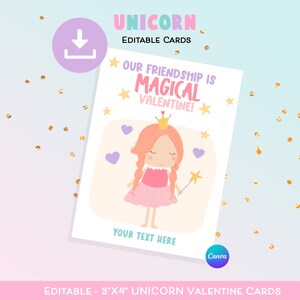 Editable UNICORN Valentine Cards, PRINTABLE Princess Valentine Cards ...