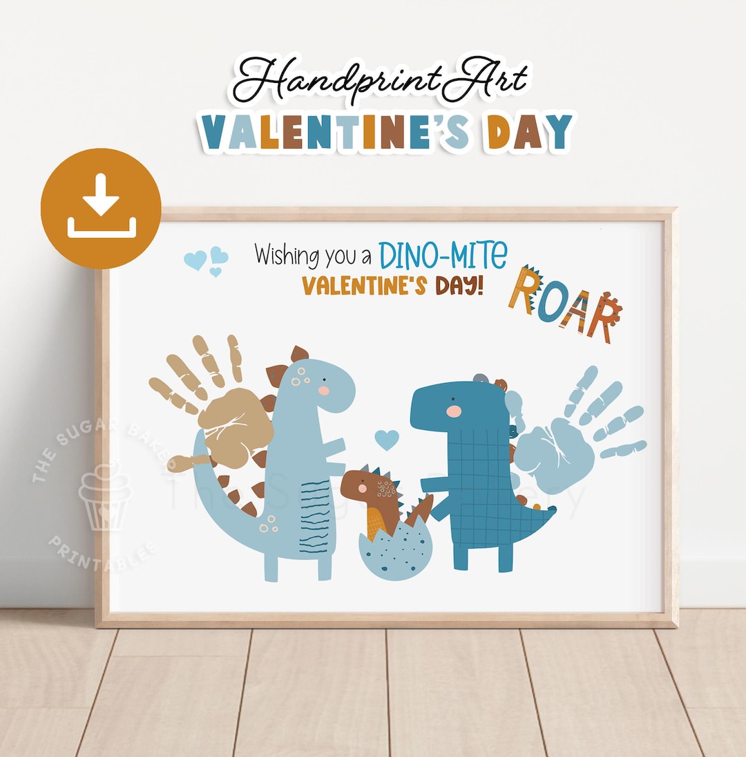 Valentine DINOSAUR Handprint Art, Printable Valentine Crafts for Kids ...