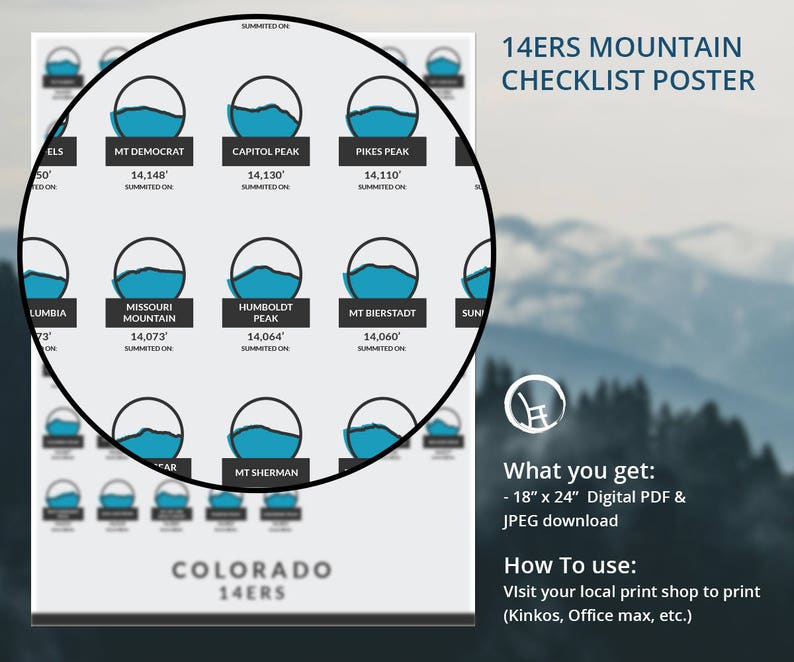 14ers Mountain Checklist Poster PDF Download - Etsy