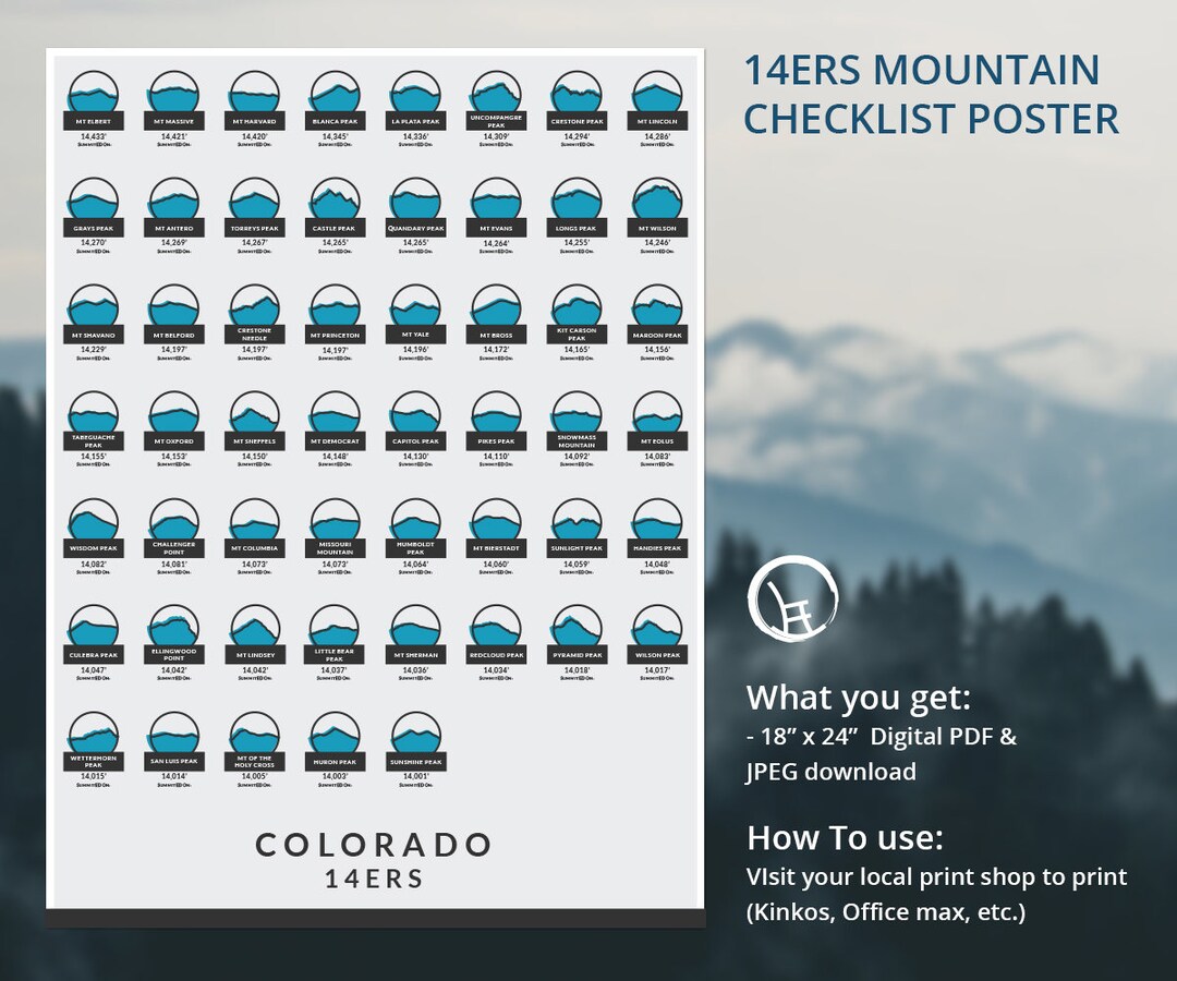 14ers Mountain Checklist Poster PDF Download - Etsy