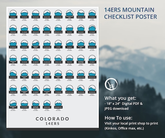 14ers Mountain Checklist Poster PDF Download | Etsy