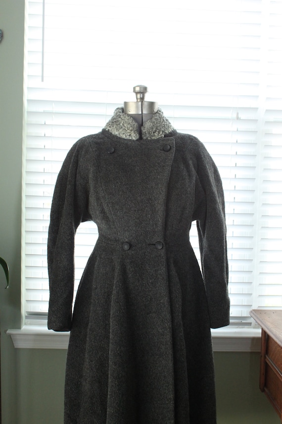 1950s Graphite Gray Princess Coat with Persian Lamb C… - Gem
