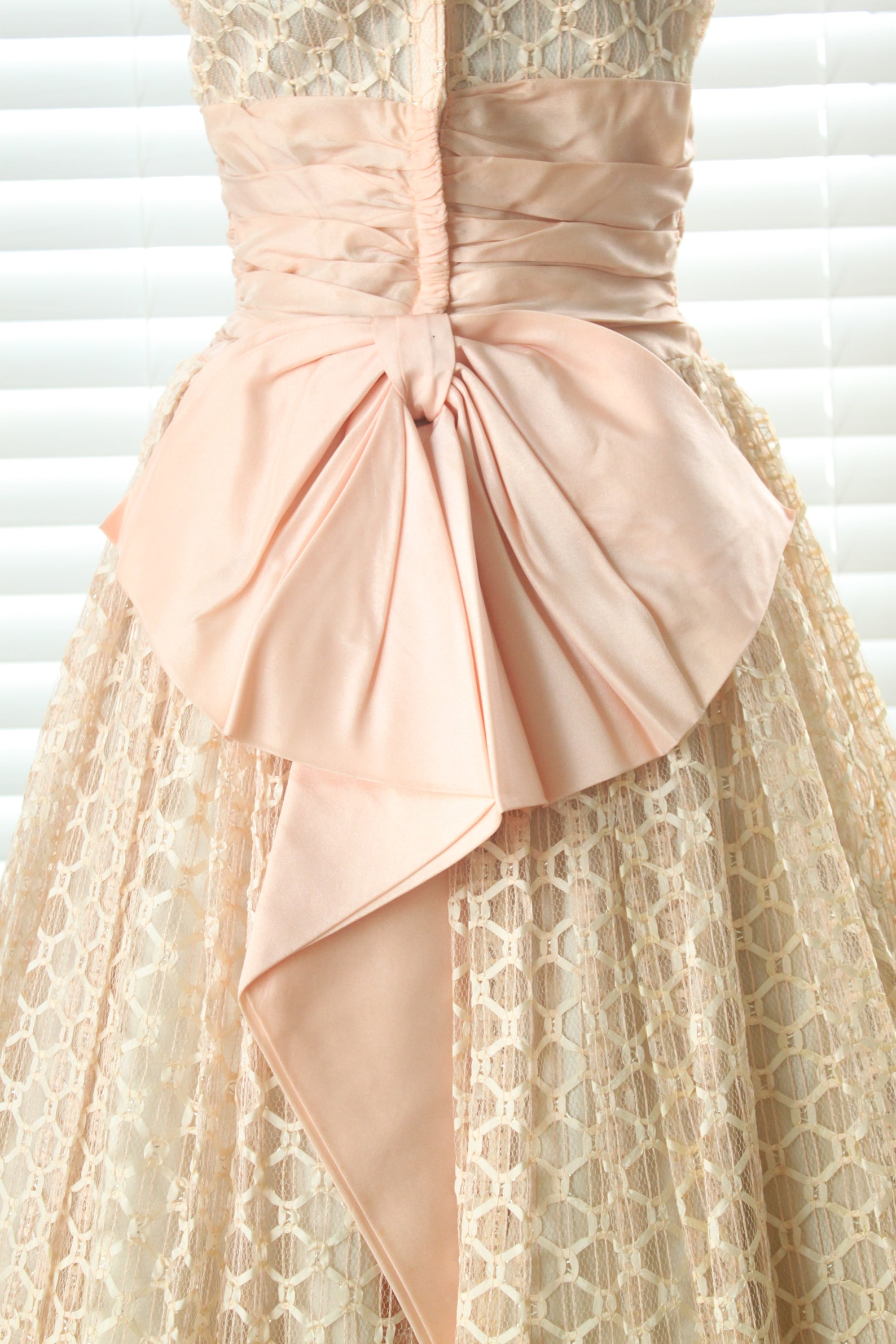 1950s Blush Party / Prom Dress With Lotus Bow and Mesh Ribbon Overlay ...