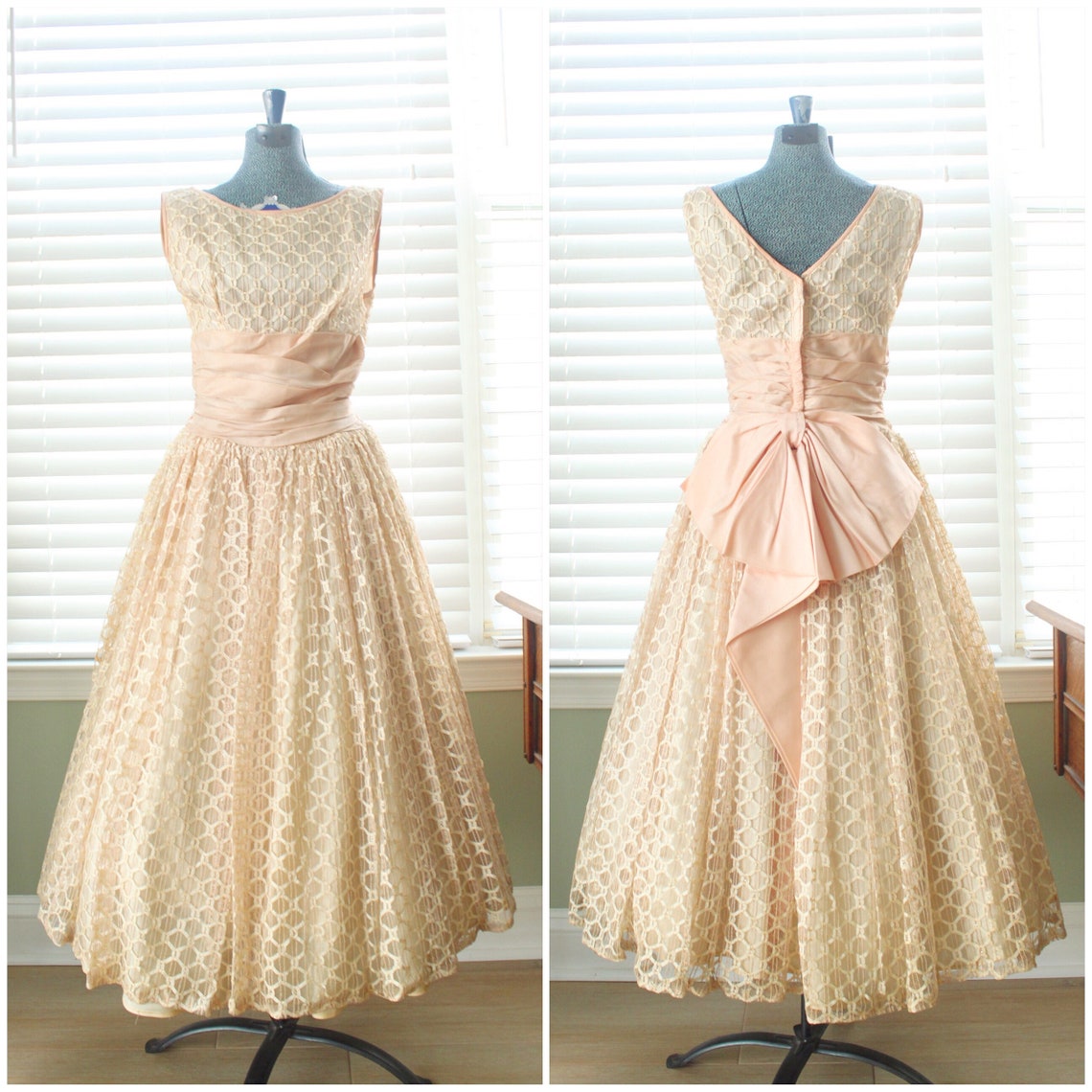 1950s Blush Party / Prom Dress With Lotus Bow and Mesh Ribbon Overlay ...
