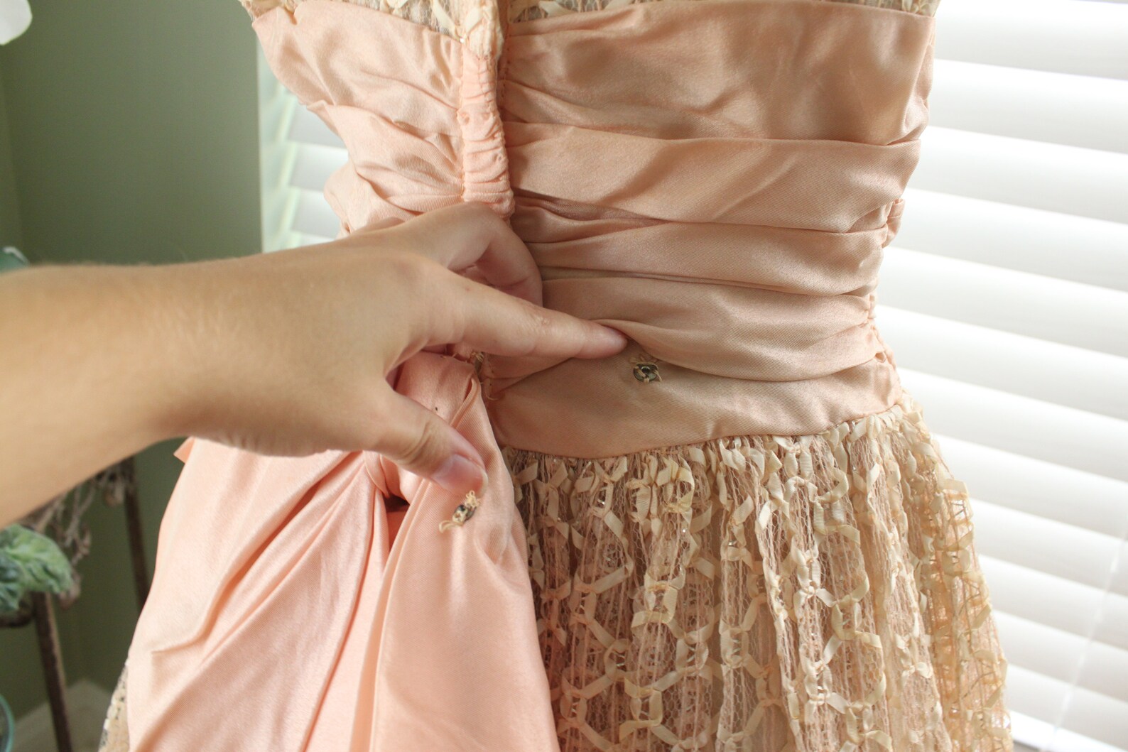 1950s Blush Party / Prom Dress With Lotus Bow and Mesh Ribbon Overlay ...
