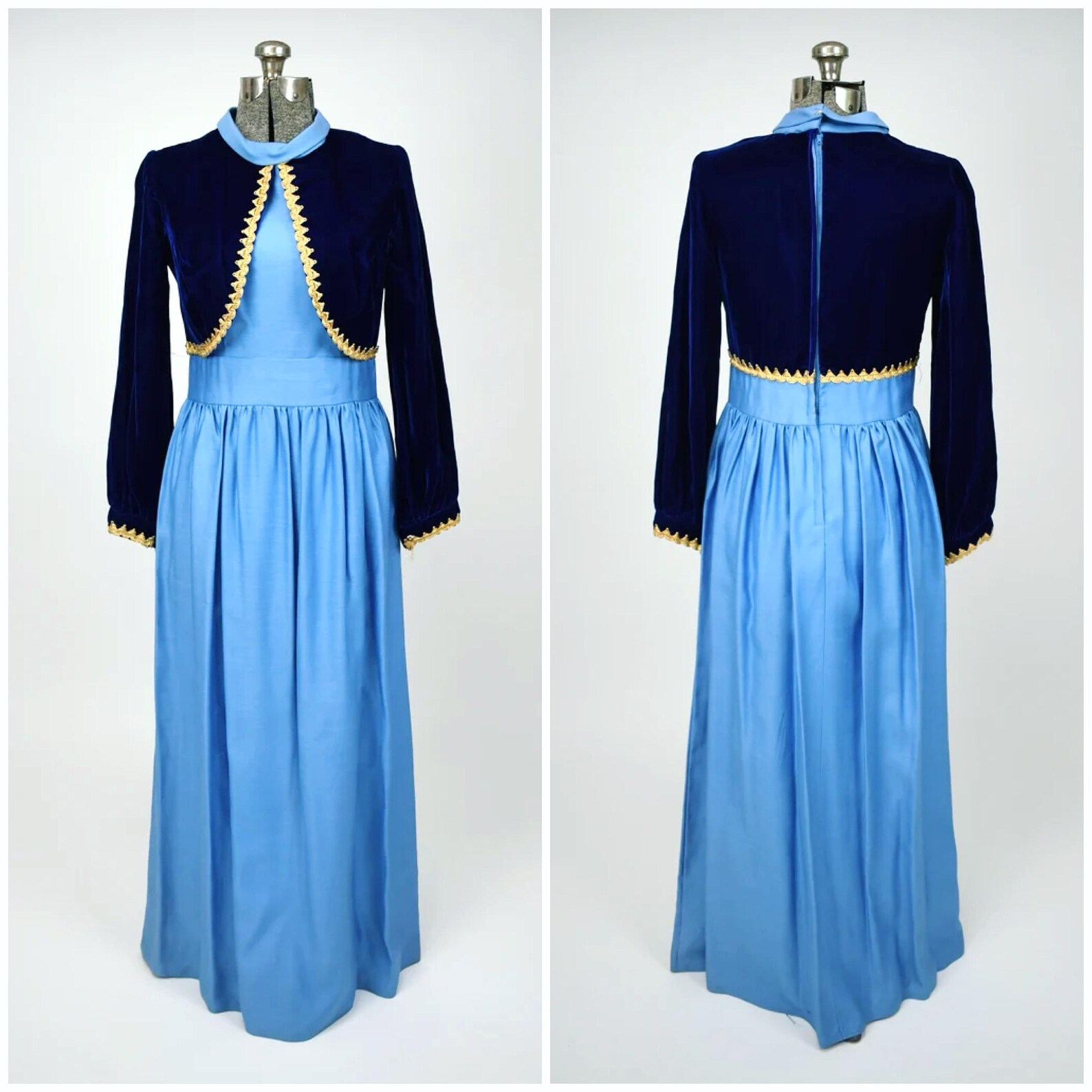 Late 1960s - 1970s Periwinkle Blue Maxi Gown With Navy Velvet Bolero ...