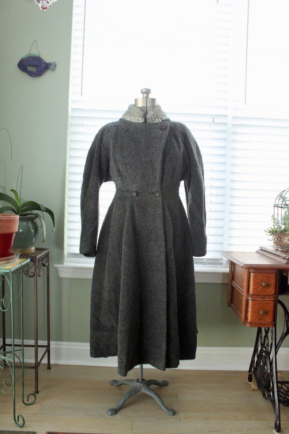 1950s Graphite Gray Princess Coat with Persian Lamb C… - Gem
