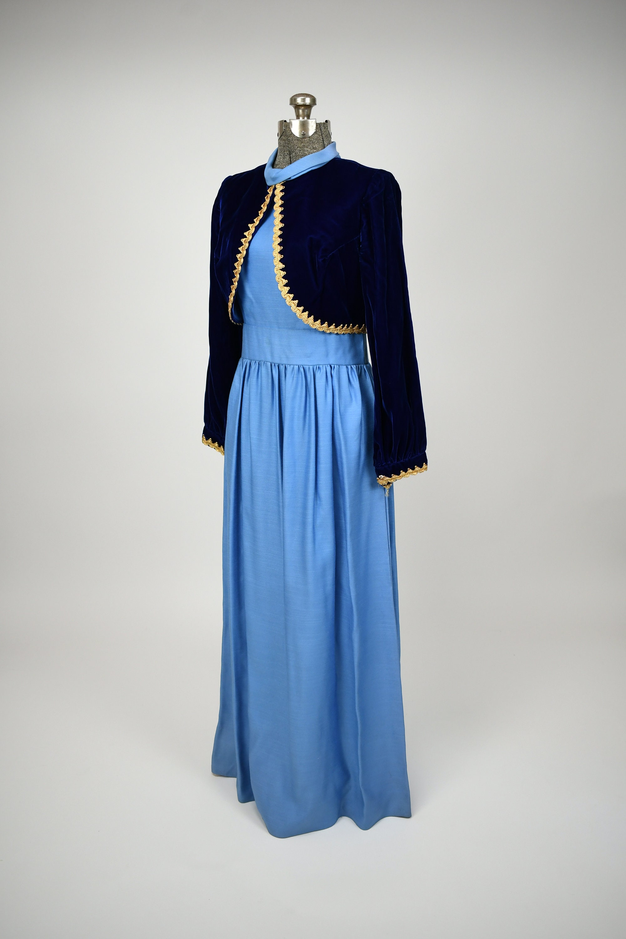 Late 1960s - 1970s Periwinkle Blue Maxi Gown With Navy Velvet Bolero ...