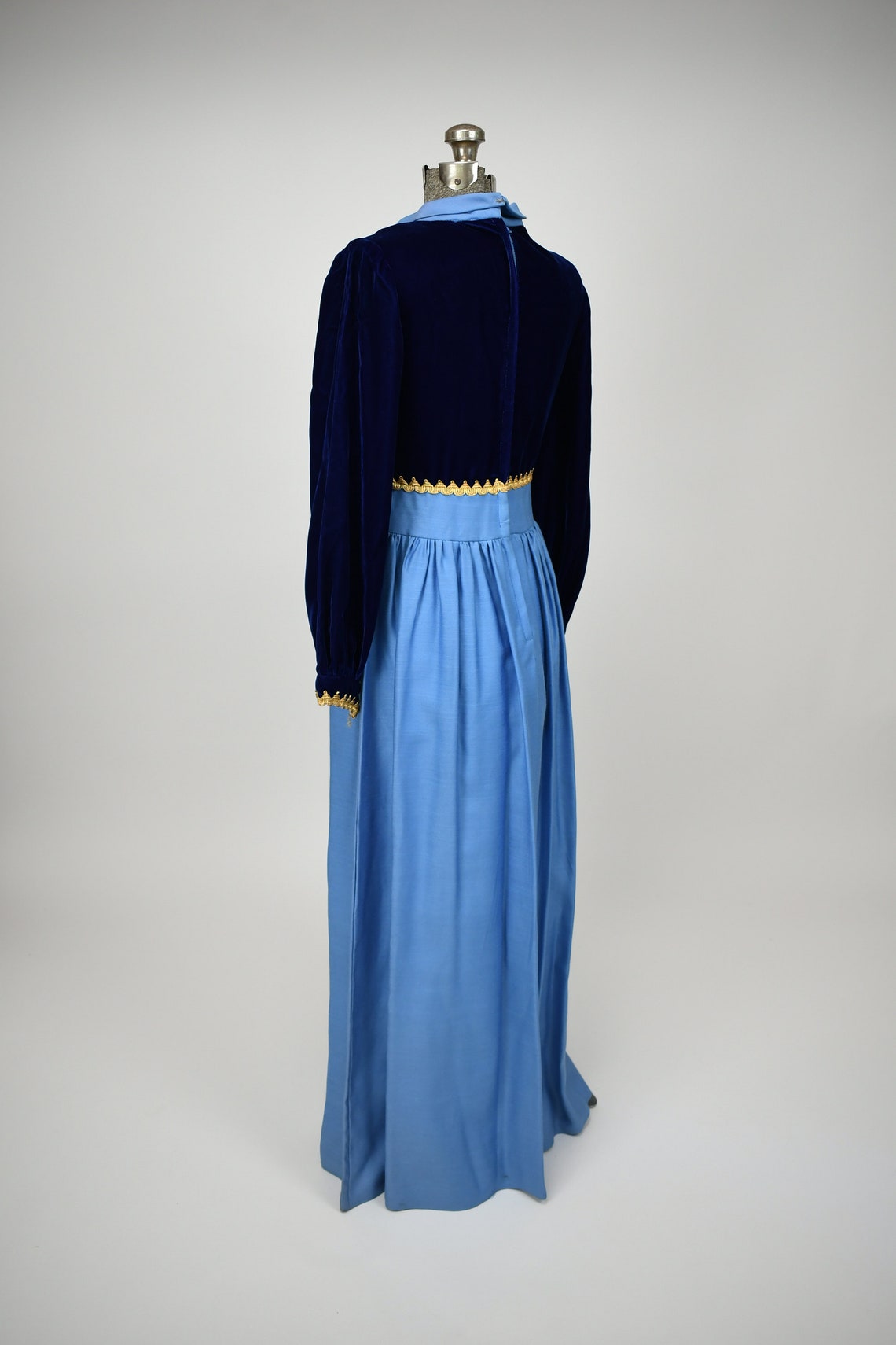 Late 1960s - 1970s Periwinkle Blue Maxi Gown With Navy Velvet Bolero ...