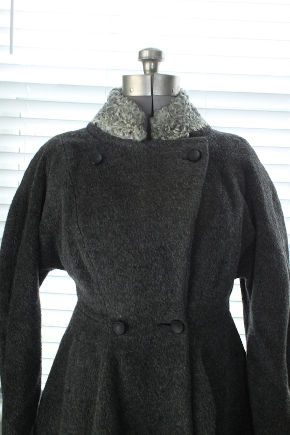 1950s Graphite Gray Princess Coat with Persian Lamb C… - Gem
