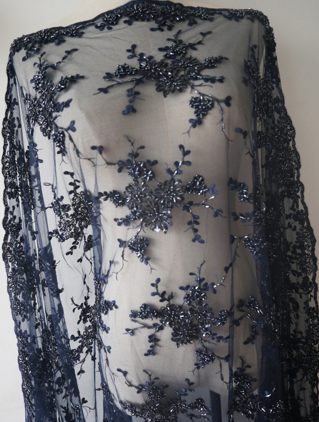 Navy Blue Heavy Beaded Embroidered Lace Fabric, Beads Sequins French ...