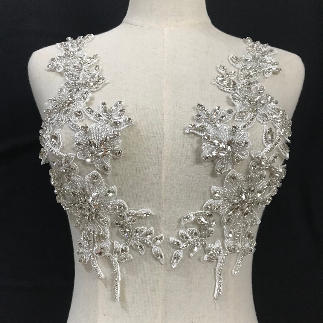 Silver Rhinestone Lace Applique, Beaded Rhinestone Appliques for Sash ...