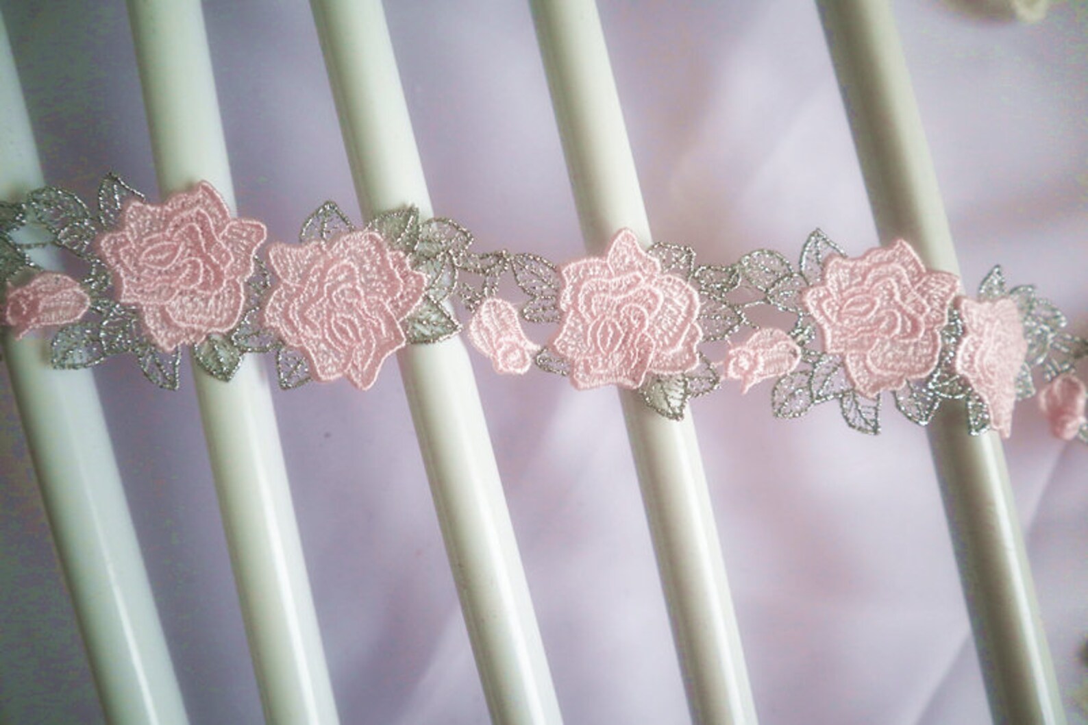 Delicate Pink Rose Silver Leaf Lace Trim, 3.5 Cm Wide French ...