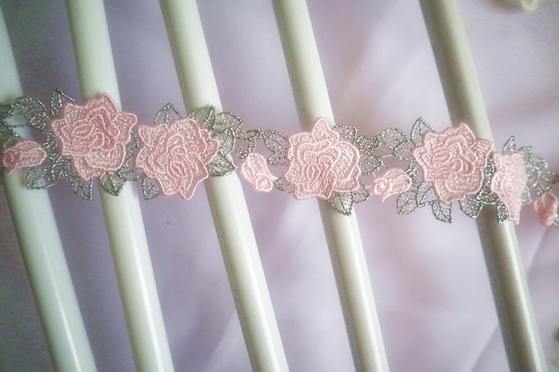 Delicate Pink Rose Silver Leaf Lace Trim, 3.5 Cm Wide French ...
