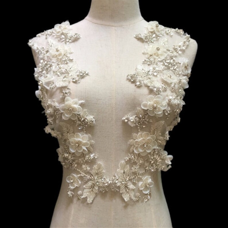 3D Flowers Silver Rhinestone Applique, Ivory Flowers Silver Beaded ...