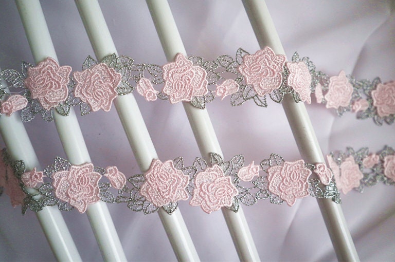 Delicate Pink Rose Silver Leaf Lace Trim, 3.5 Cm Wide French ...