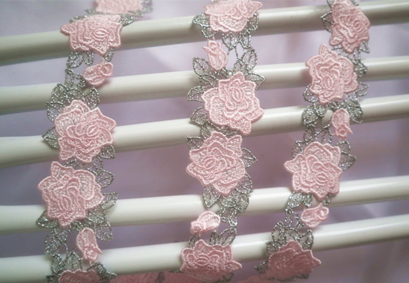 Delicate Pink Rose Silver Leaf Lace Trim, 3.5 Cm Wide French ...