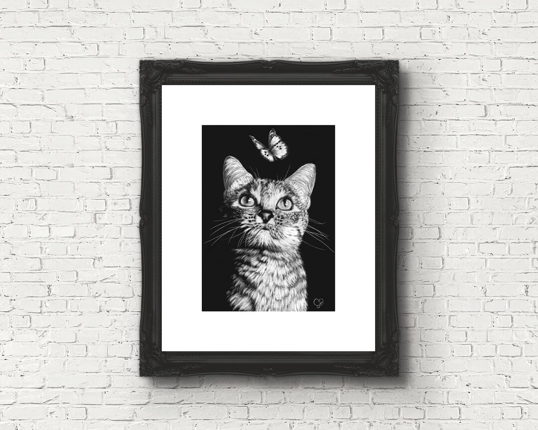 Cat and Butterfly Art Print, Black and White Scratchboard, 5x7 - Etsy