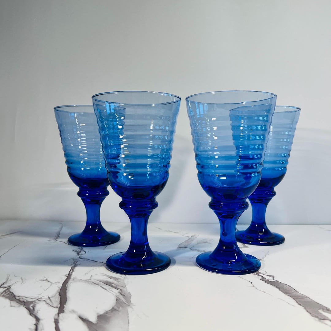 Vintage Libbey Sirrus Cobalt Blue Goblets, Set of 4, Ribbed Glassware, Vintage Drinking Glasses ...
