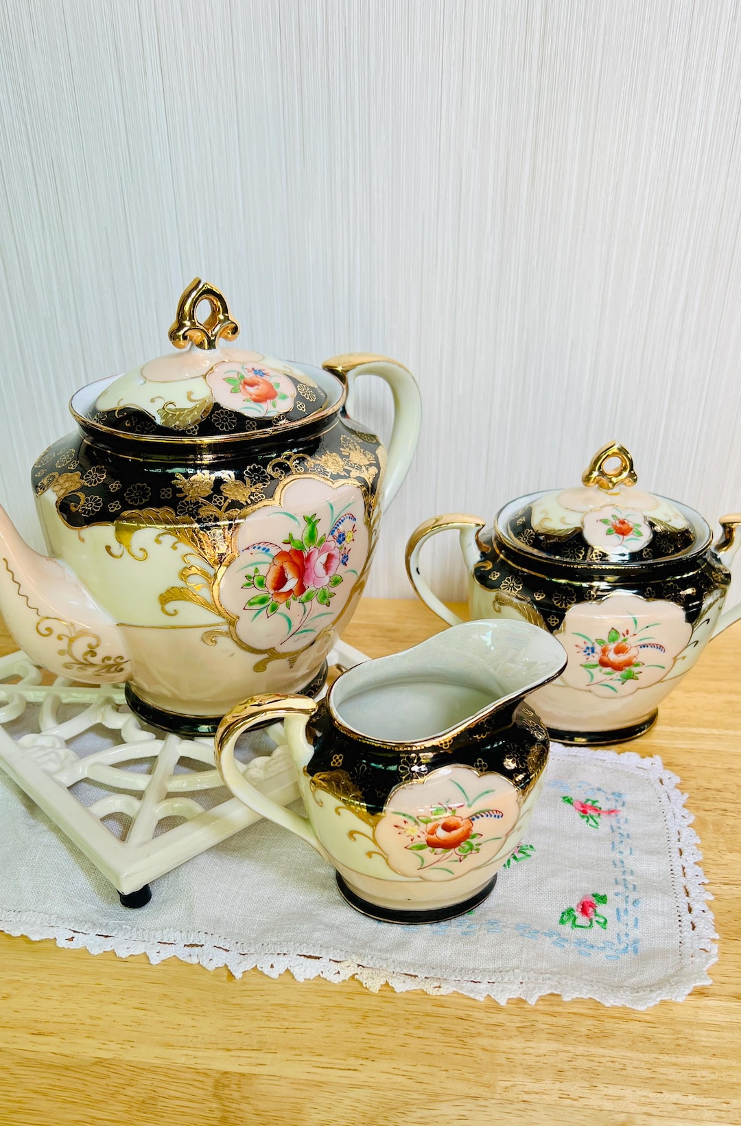 Vintage Victorian Style Tea Set Hand-painted Japanese Teapot, Creamer ...