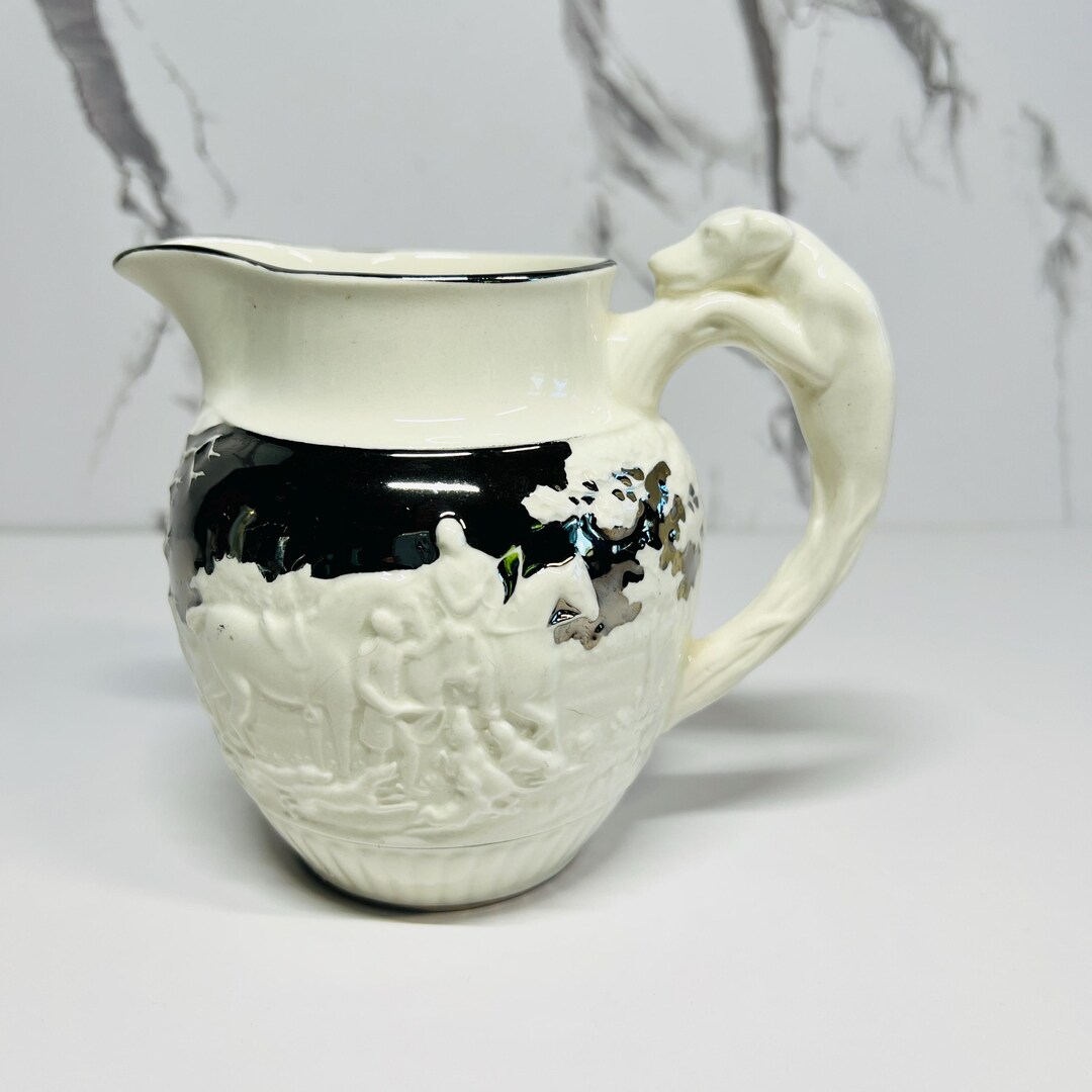 Vintage Wedgwood Creamer, White and Platinum Embossed Scene, Hound ...
