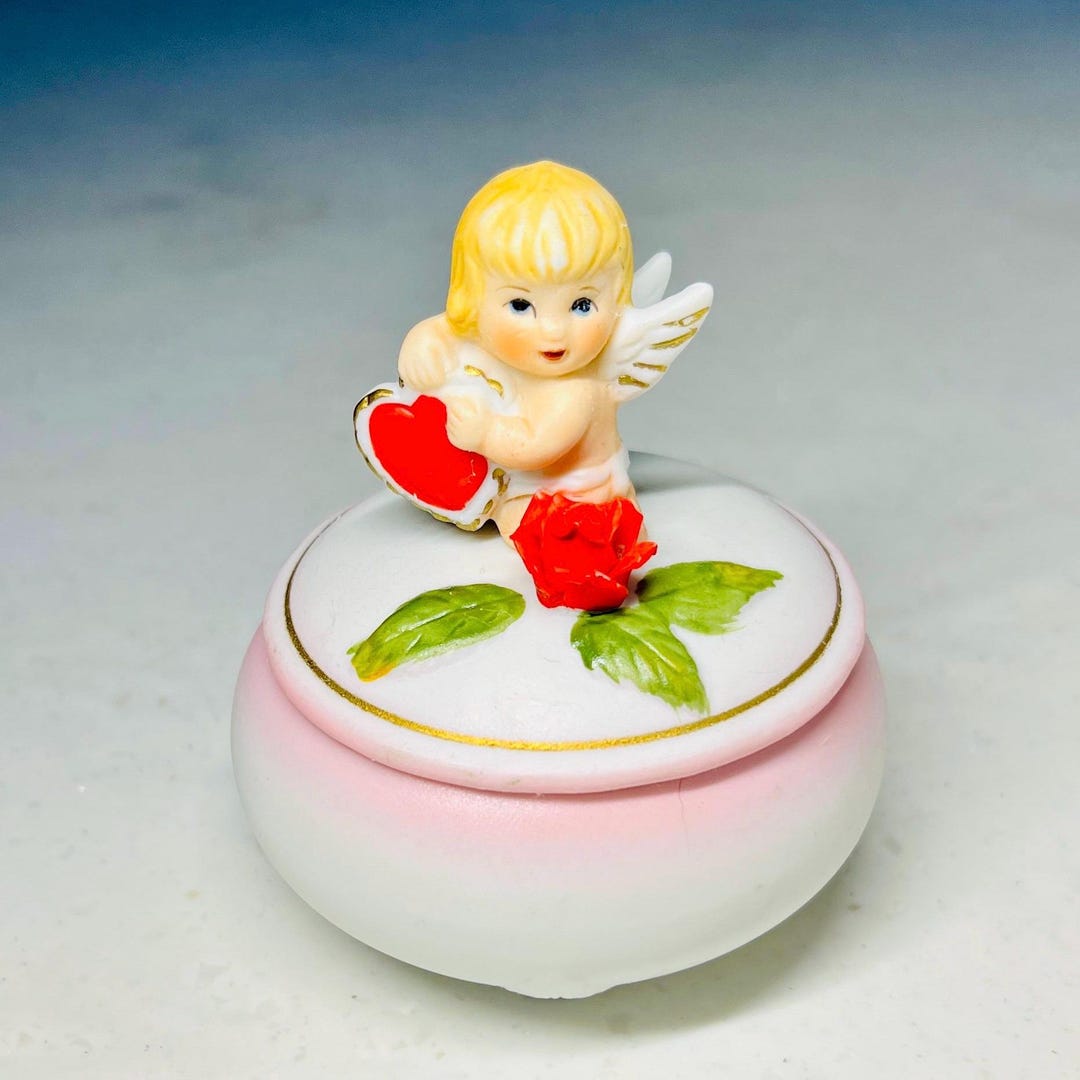 Vintage Lefton Cherub Heart Trinket Box, Pink Rose Lid, Hand-painted ...