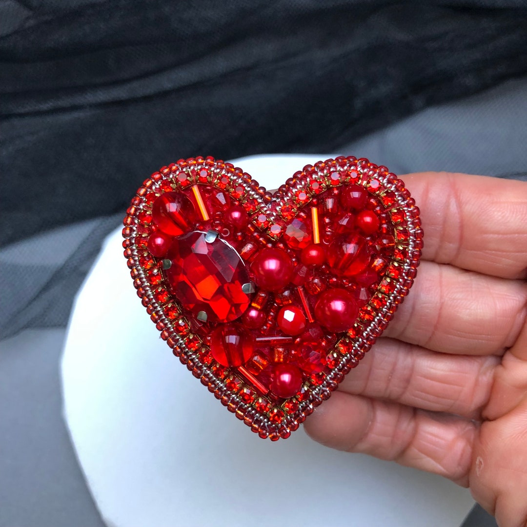 Sacred Heart Embroidery Brooch, Red Heart Beaded Brooch, Brooch ...