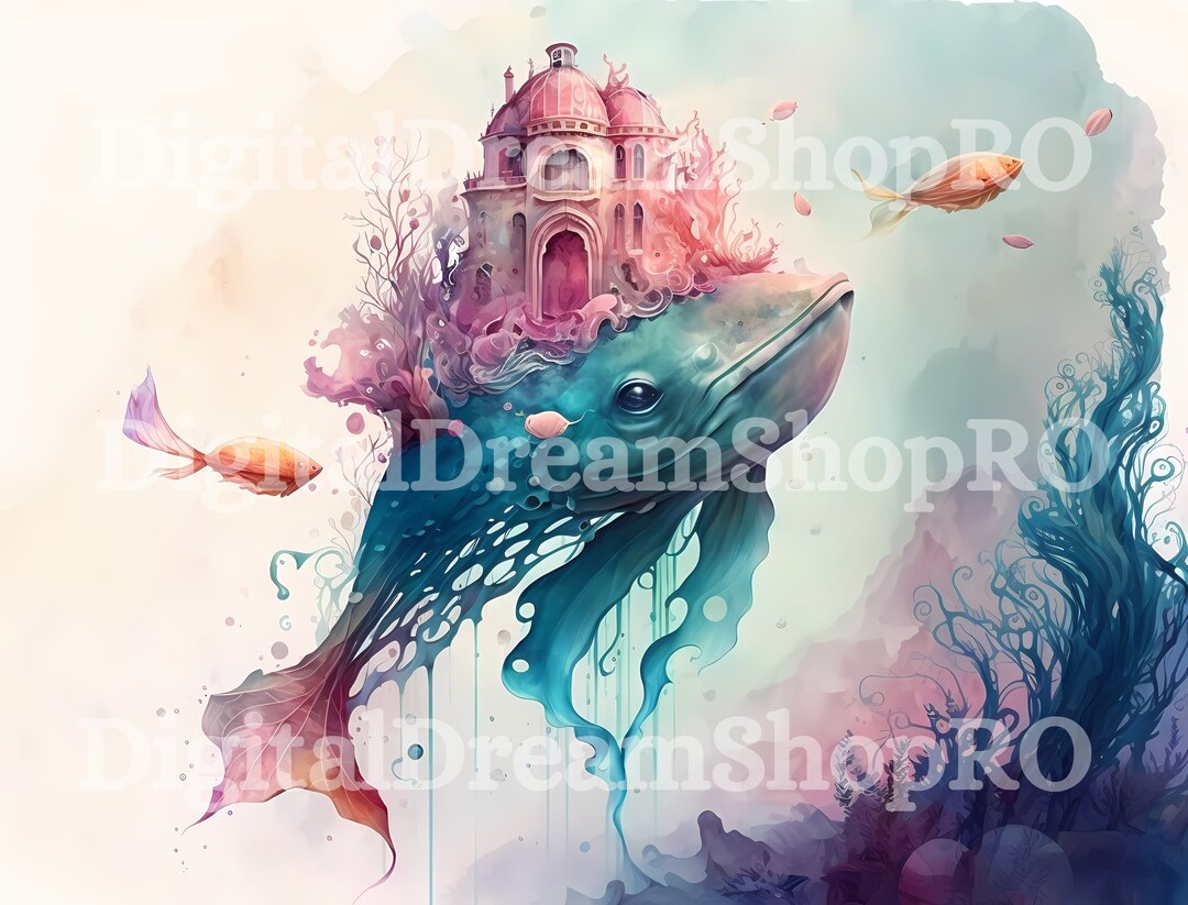 Whale Carrying a Building on Her Back - Digital Watercolor Painting ...
