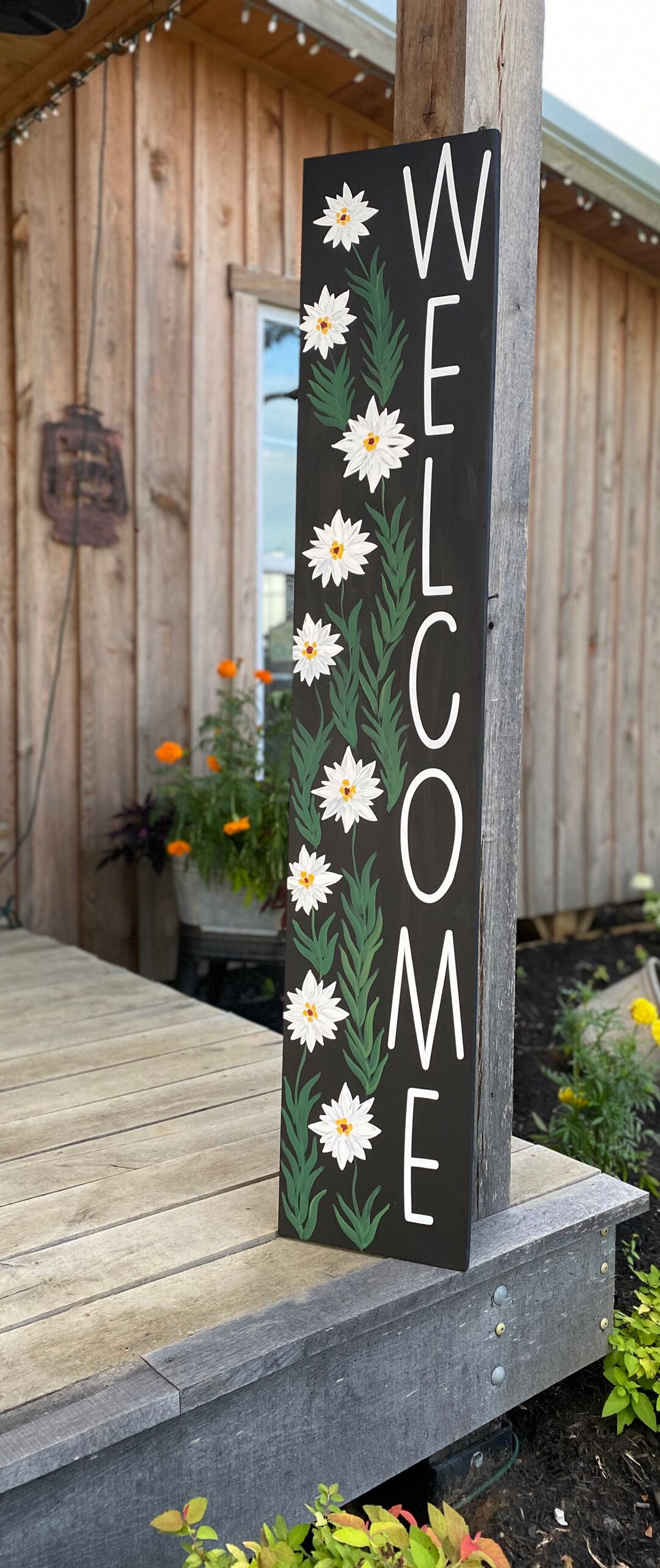 Welcome Porch Sign. Welcome Sign With Edelweiss. Tall Porch Sign With ...