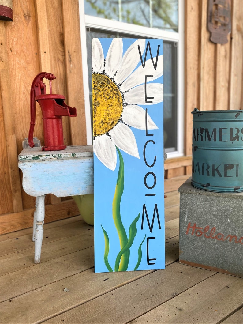 Welcome Porch Sign. Welcome Sign With Daisies. Vertical Porch - Etsy
