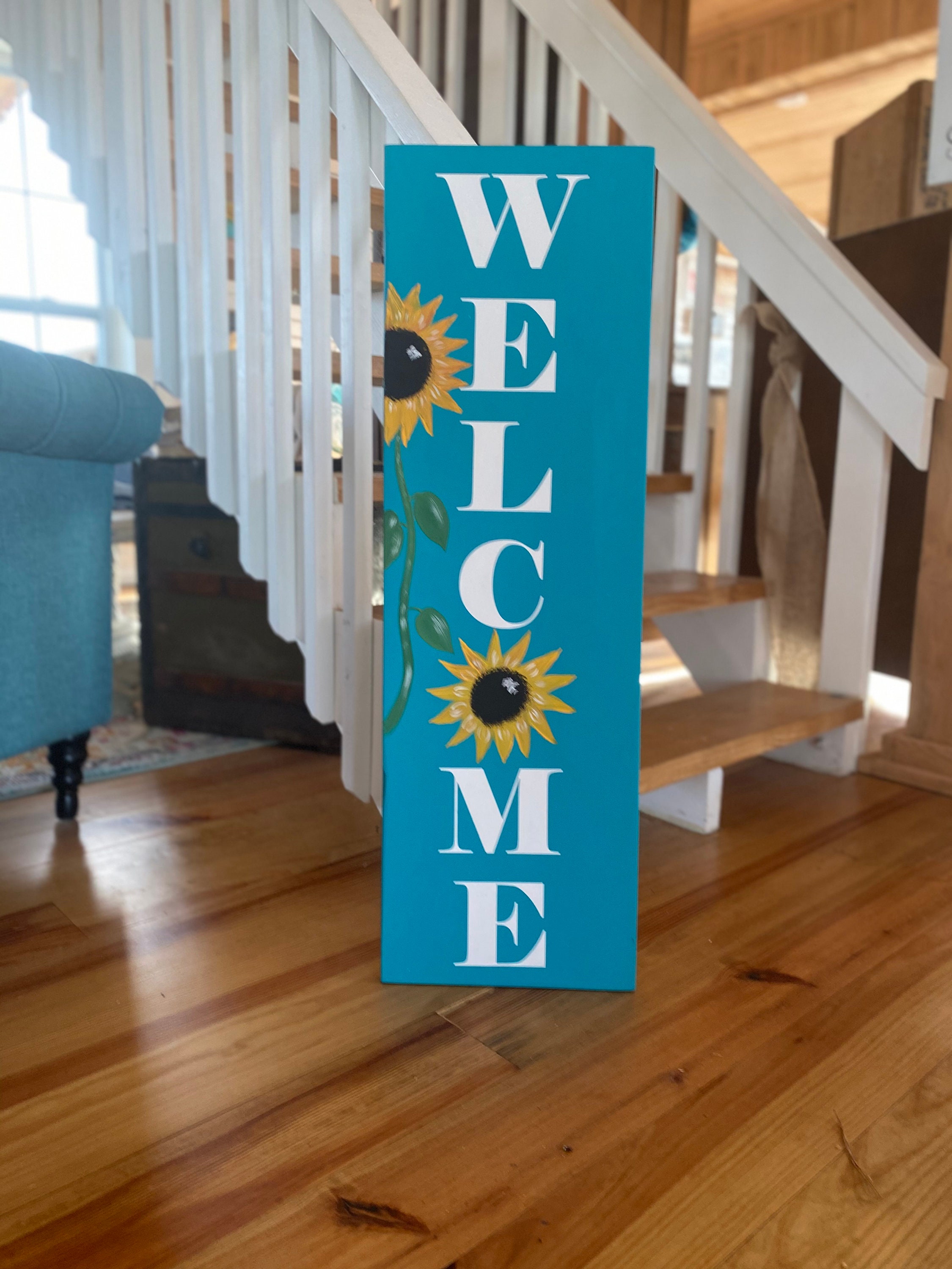Porch Sign. Welcome Porch Sign. Sunflower Porch Sign. Teal | Etsy