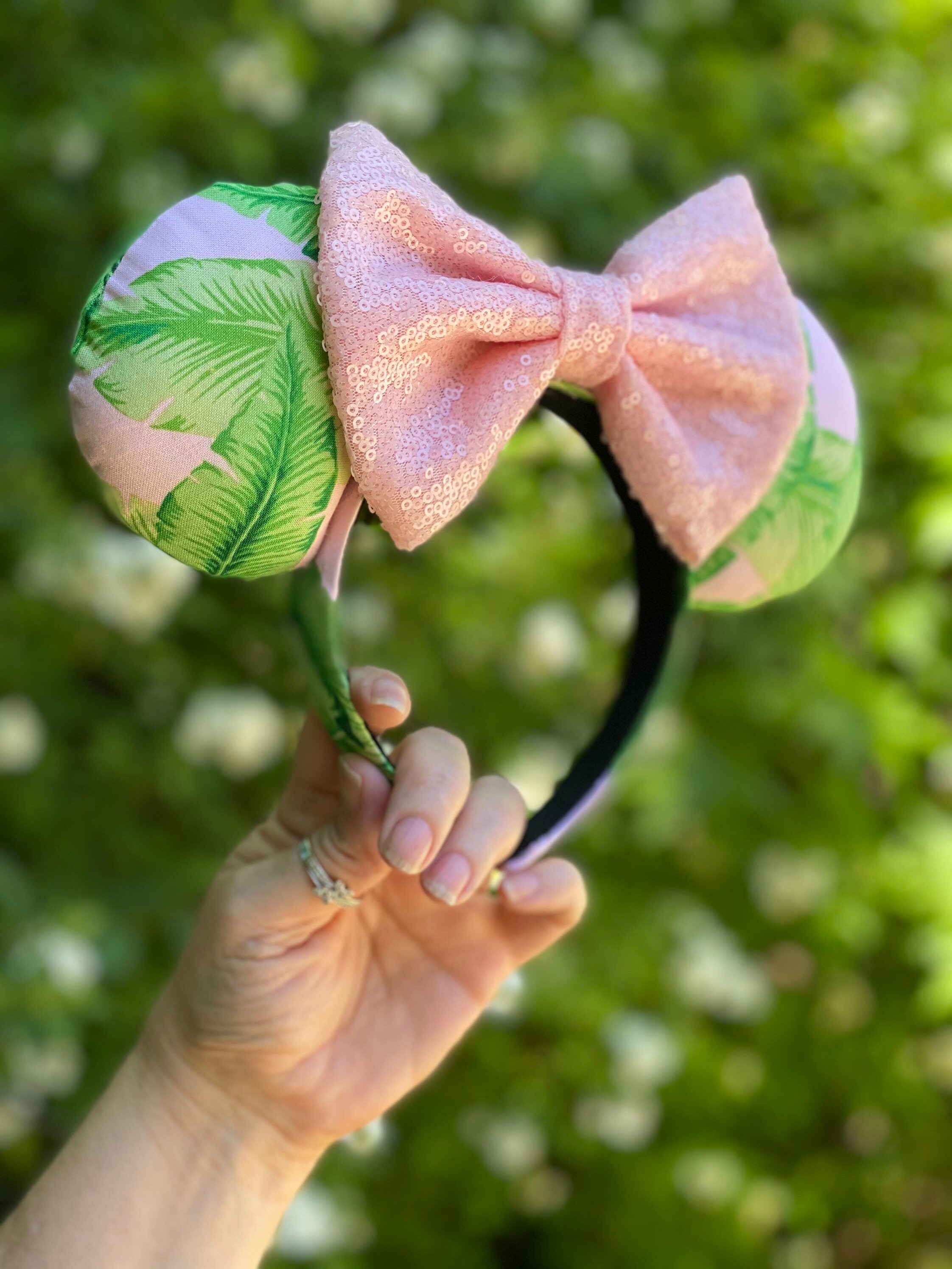 Pink Minnie Ears Minnie Mouse Ears Pink & Green Leaf Mickey - Etsy