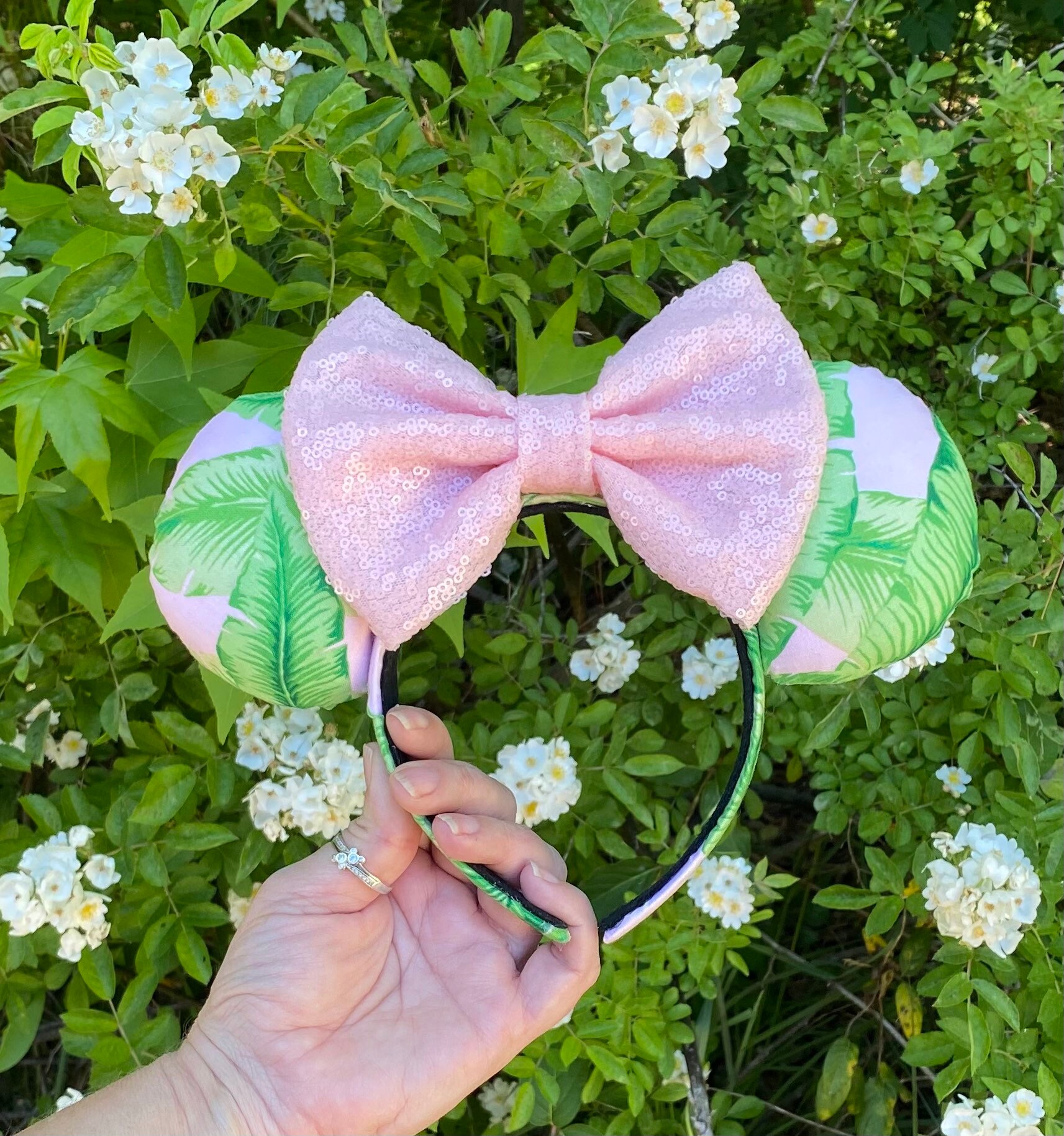 Pink Minnie Ears Minnie Mouse Ears Pink & Green Leaf Mickey - Etsy