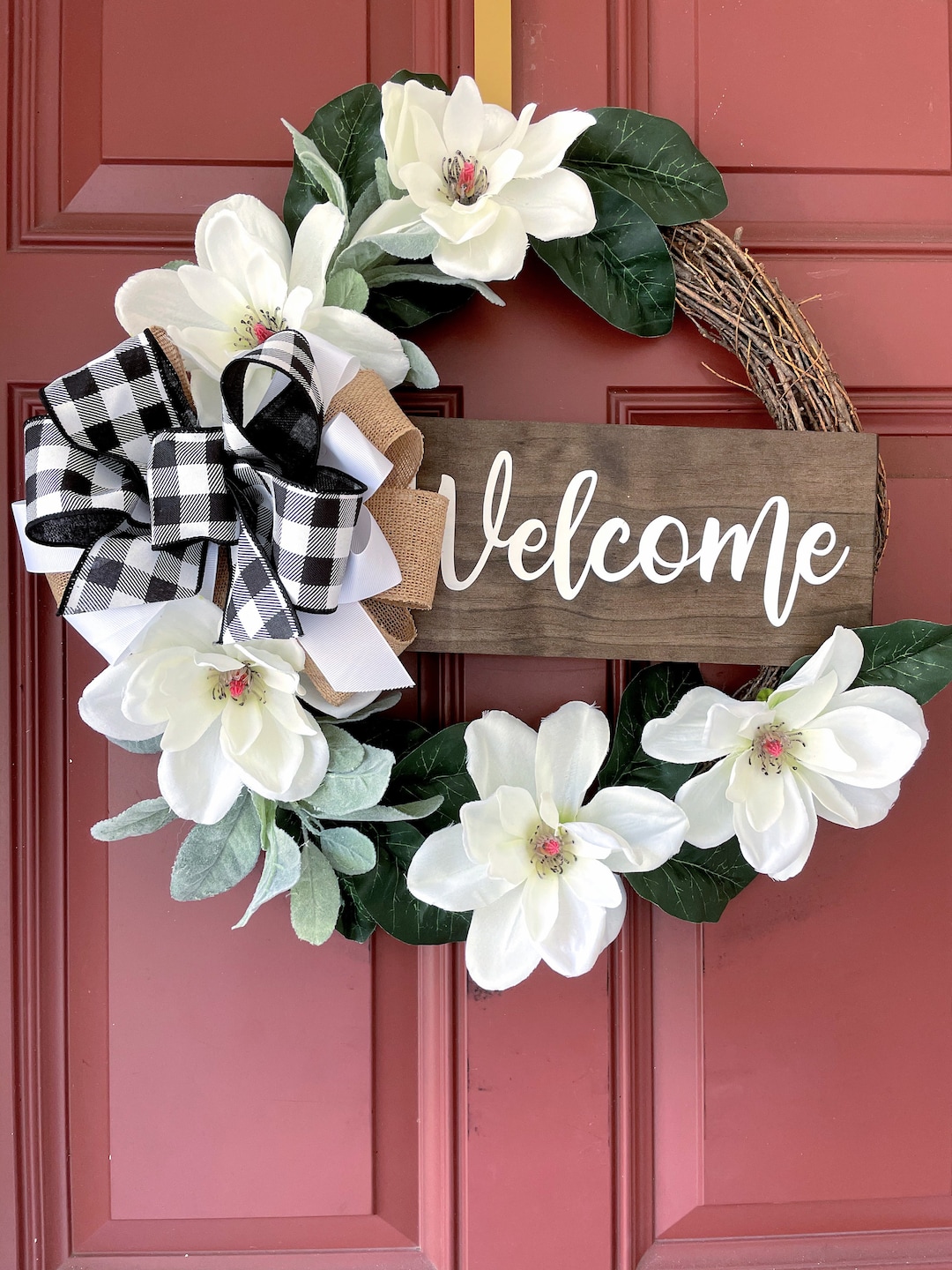 Farmhouse Magnolia Wreath: Burlap Welcome Sign, Front Door Decor - Etsy