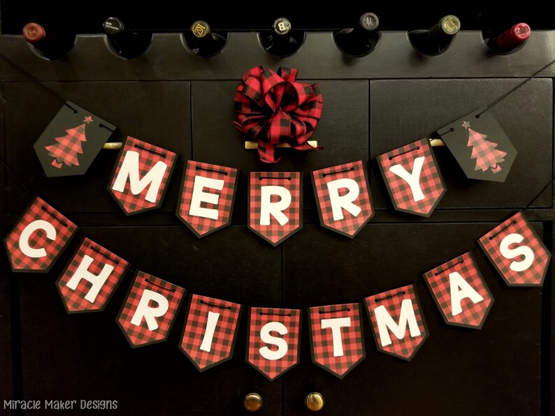 Red Buffalo Plaid Merry Christmas Banner, Christmas Decorations ...