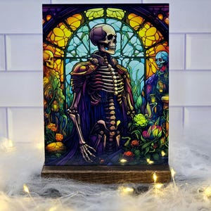 Stained Glass Inspired Skeleton Sign, Halloween Metal Tin Sign W Base ...