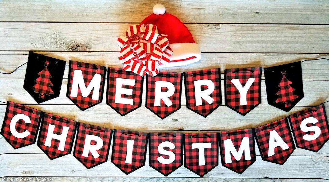 Red Buffalo Plaid Merry Christmas Banner, Christmas Decorations ...