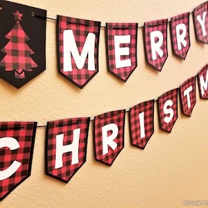 Red Buffalo Plaid Merry Christmas Banner, Christmas Decorations ...