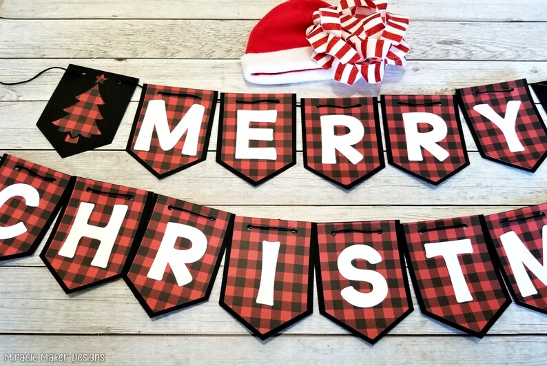 Red Buffalo Plaid Merry Christmas Banner, Christmas Decorations ...