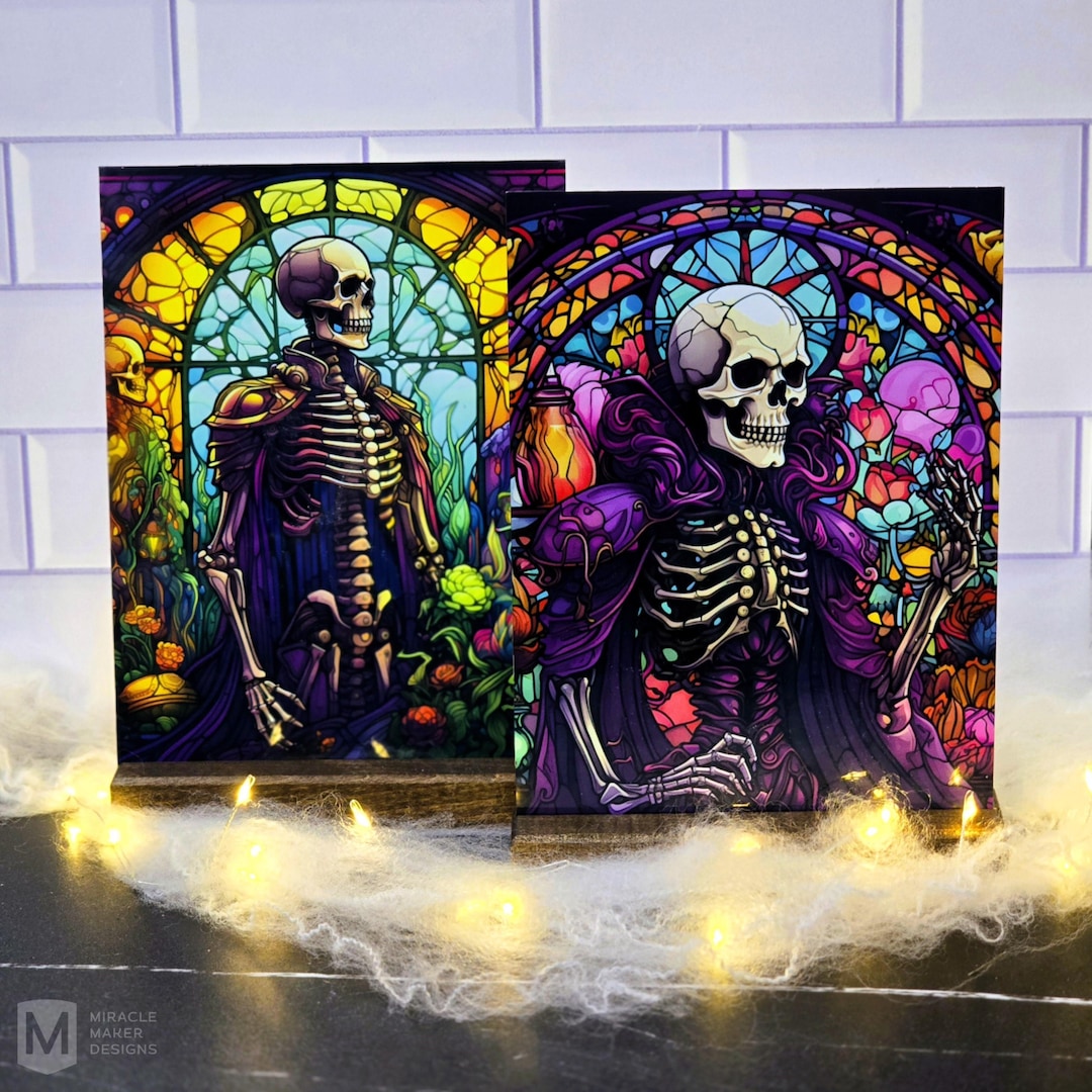 Stained Glass Inspired Skeleton Sign, Halloween Metal Tin Sign W Base ...
