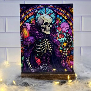 Stained Glass Inspired Skeleton Sign, Halloween Metal Tin Sign W Base ...