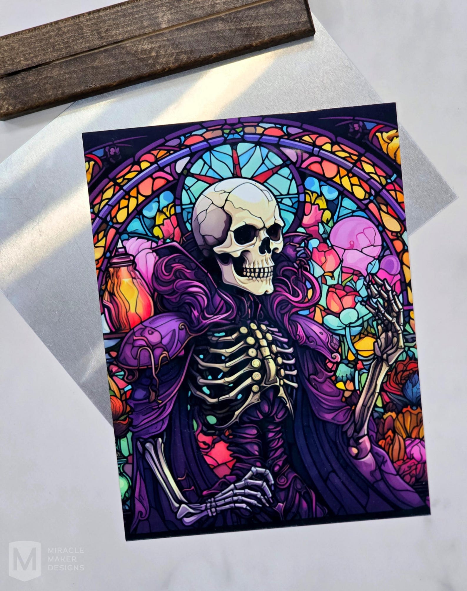 Stained Glass Inspired Skeleton Sign, Halloween Metal Tin Sign W Base ...