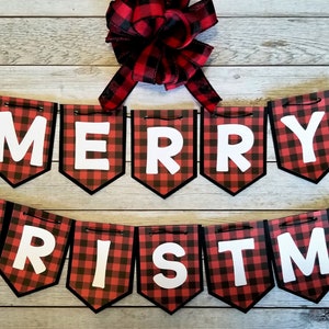 Red Buffalo Plaid Merry Christmas Banner, Christmas Decorations ...