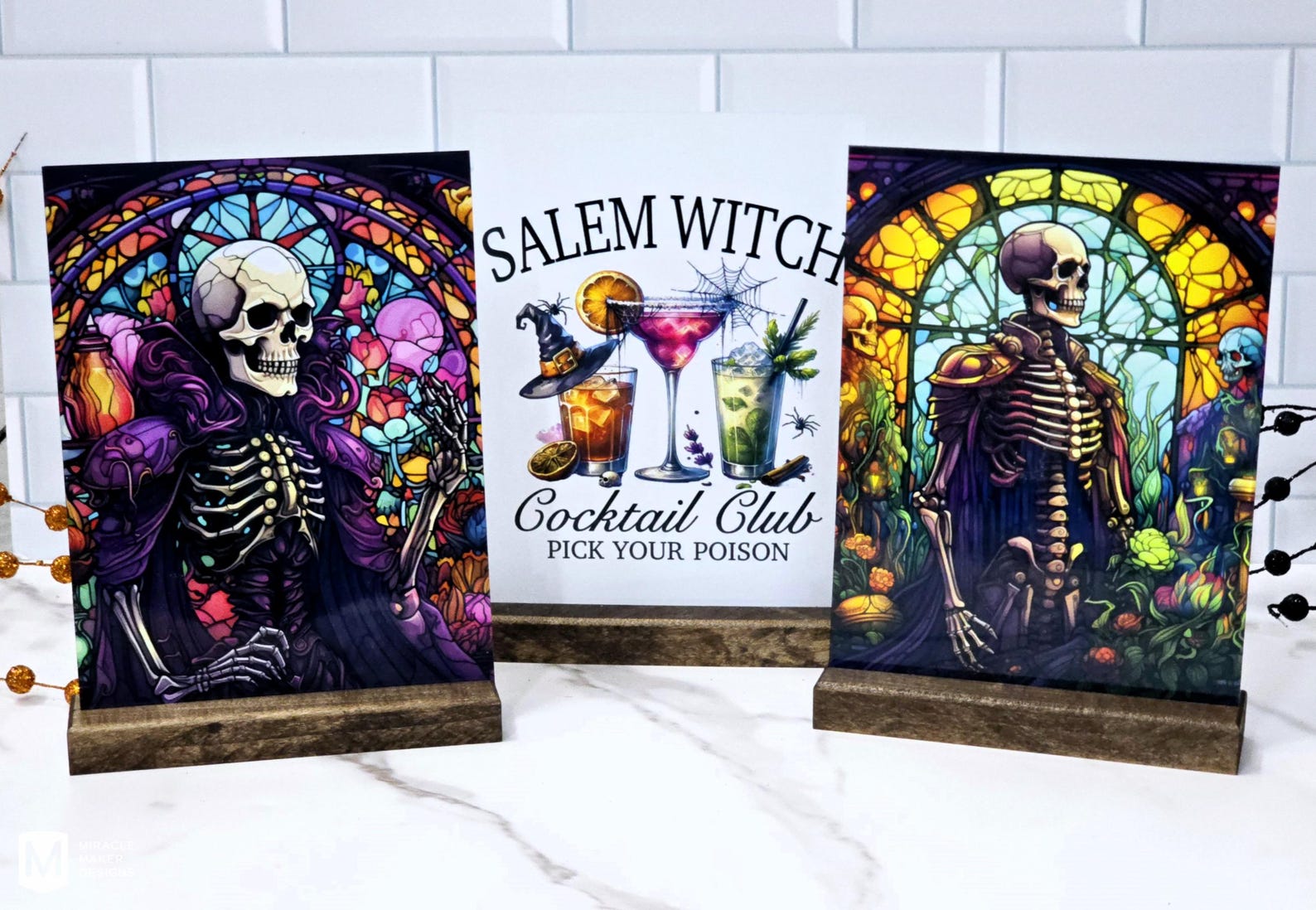 Stained Glass Inspired Skeleton Sign, Halloween Metal Tin Sign W Base ...