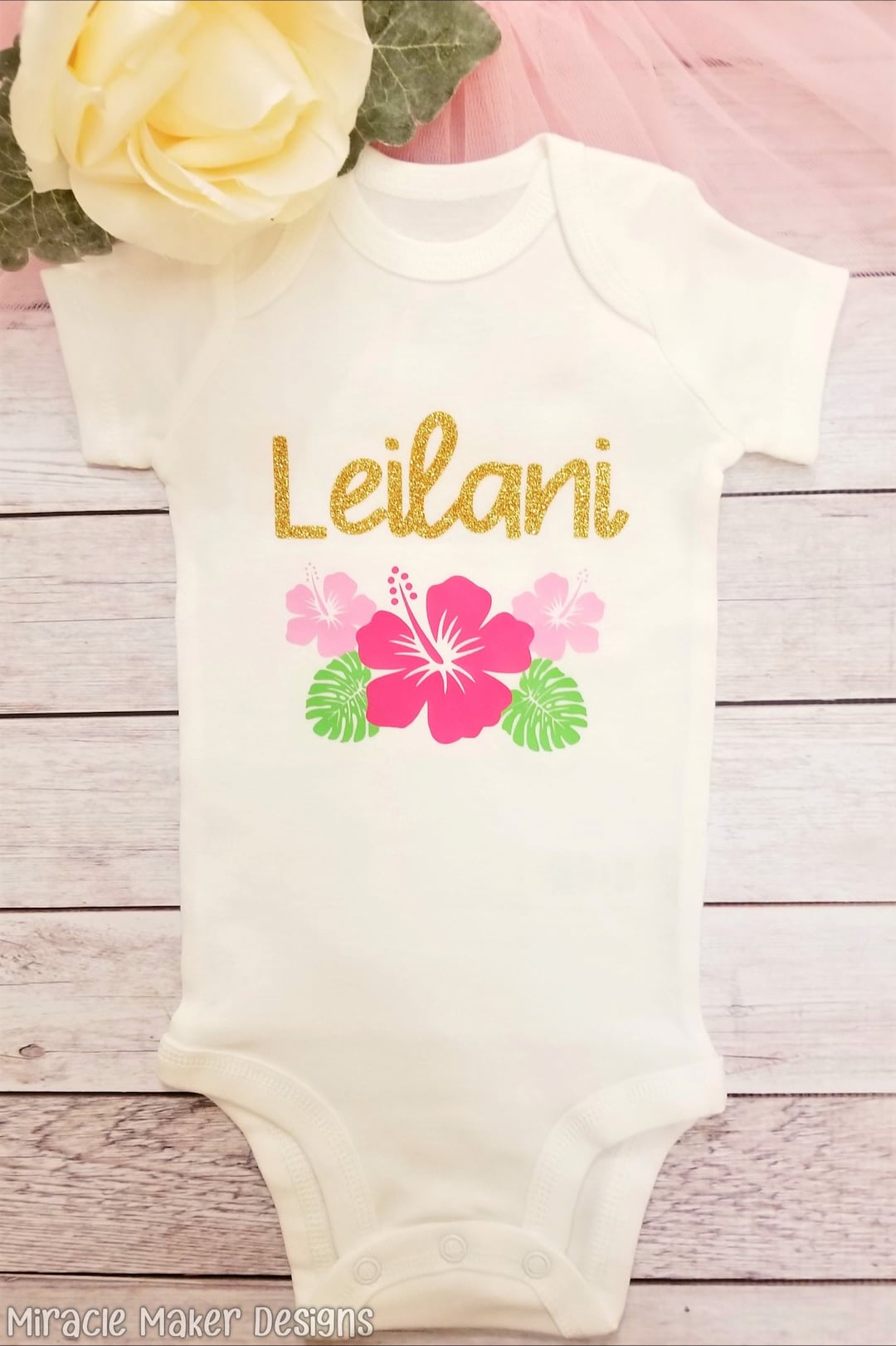 Personalized Hawaiian Flower Bodysuit, Baby Girl Name Outfit, Birthday ...