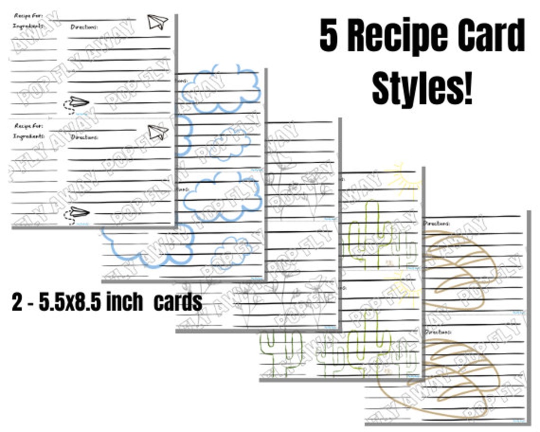 5.5x8.5 Printable Recipe Cards Paper Airplanes Clouds Flowers Cactus ...