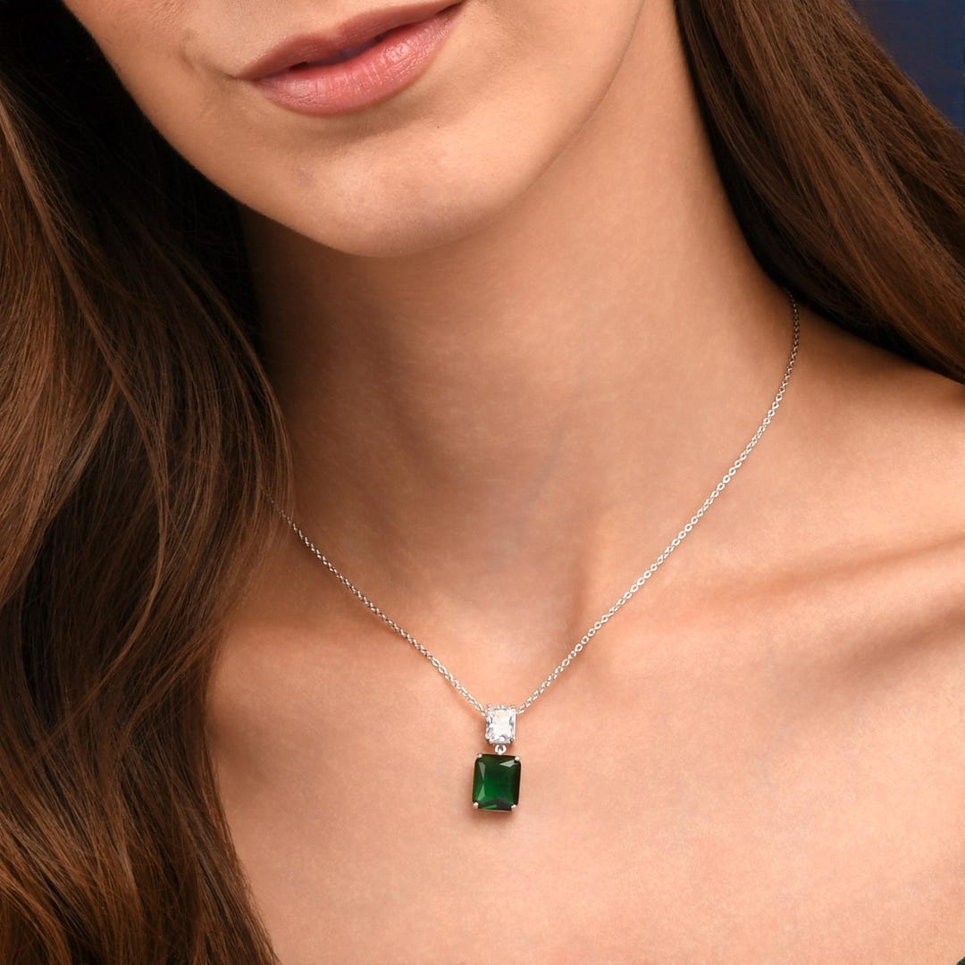 Green 925 Sterling Silver Double Rectangle Statement Necklace, Green ...