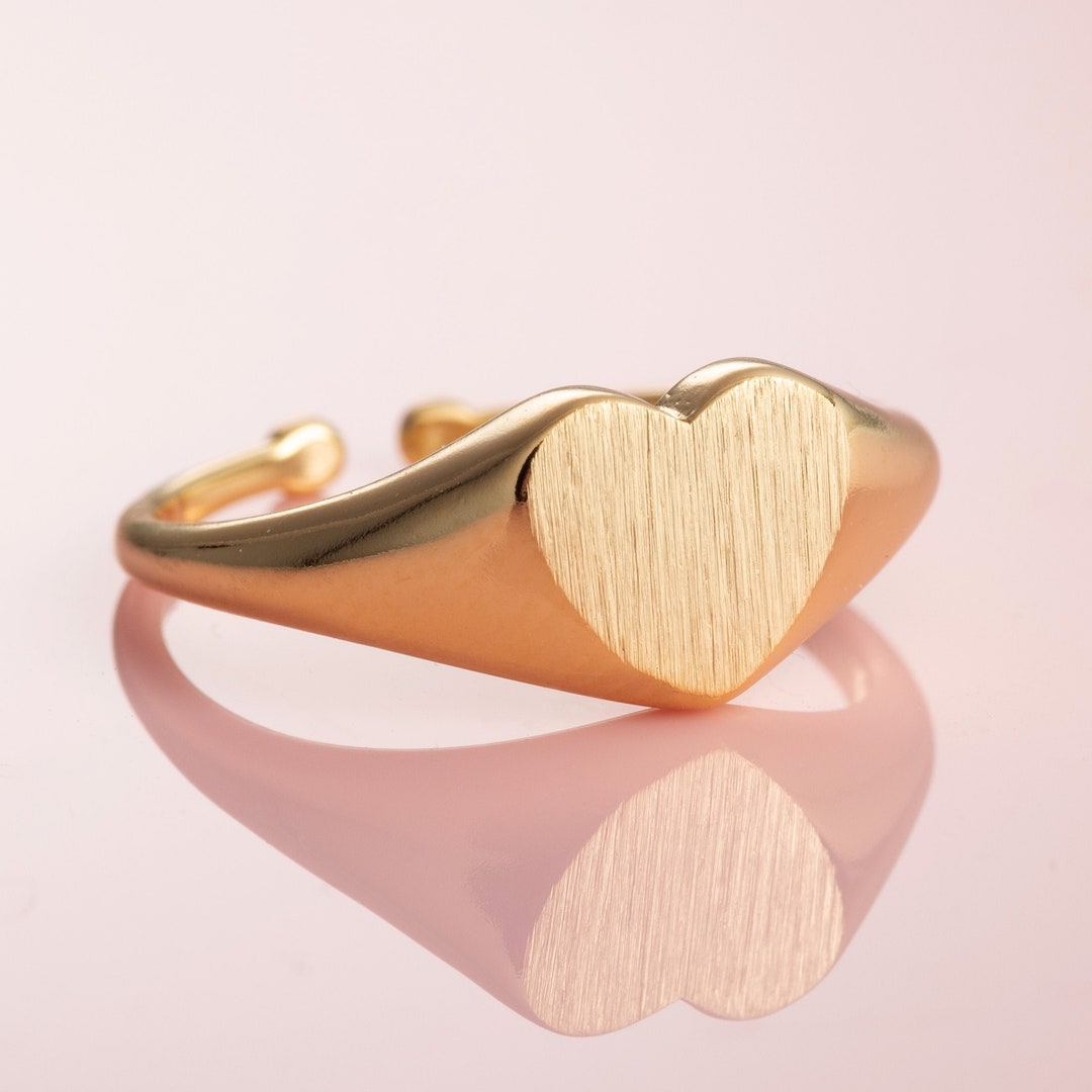 Adjustable Gold Signet Ring for Women, Brushed Finish Gold Plated Heart ...